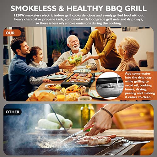 Indoor Electric Grill, FIMEI Electric Smokeless Barbecue Grill With 7 Gear Temperature Adjustment, Non-stick Removable Grill Plates, Easy Clean, for Oil-free Cooking and Home Roast Party