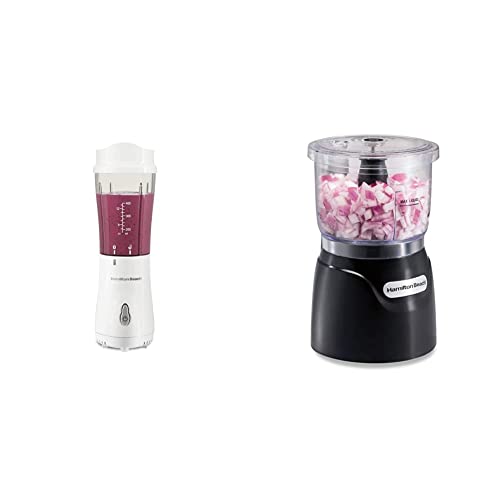 Hamilton Beach Personal Blender for Shakes and Smoothies with 14oz Travel Cup and Lid, White (51101V) & Electric Vegetable Chopper & Mini Food Processor, 3-Cup, 350 Watts, Black (72850)