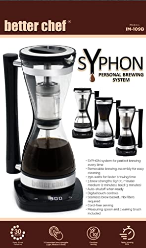 Better Chef Electric Siphon Coffee Maker | 8-ounce Single Serve Brewer | 3-Strength Settings | Stainless-Steel Permanent Filter | Keep Warm & Auto-Off | Includes Scoop & Brush | Pour-Over Coffee Taste