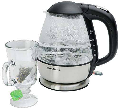 Chef'sChoice 680 Cordless Electric Glass Kettle in Brushed Stainless Steel Includes Illuminated On Off Switch Auto Off & Boil Dry Shut Off Protection, 1.5-Liter, Silver