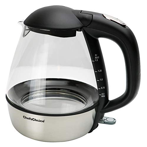 Chef'sChoice 680 Cordless Electric Glass Kettle in Brushed Stainless Steel Includes Illuminated On Off Switch Auto Off & Boil Dry Shut Off Protection, 1.5-Liter, Silver