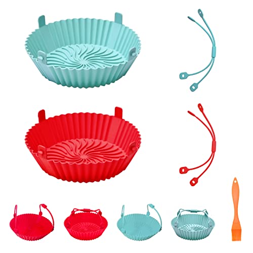 Air Fryer Silicone Liners, BBN 2 Pcs 8 inch Silicone Air Fryer Pot with lanyard Reusable Air Fryer Silicone Basket for 3 to 6 QT Air fryers Liners Silicone for Air fryer Oven Accessories (Red+Blue)