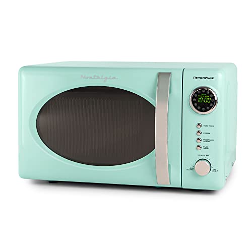 Nostalgia RMO7AQ Retro 0.7 Cu Ft 700-Watt Countertop Microwave Oven, 12 Pre Programmed Cooking Settings, Digital Clock, Easy Clean Interior, Aqua