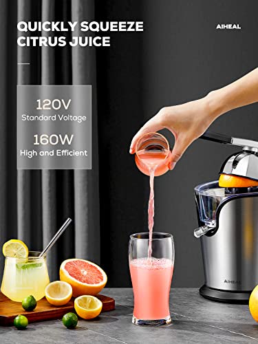 AIHEAL Electric Citrus Juicer Squeezer, Oranges Juicer with Rubber Handle and Two Size Cones, 160W Silent Motor Juice Squeezer for Orange, Lemon and Grapefruit