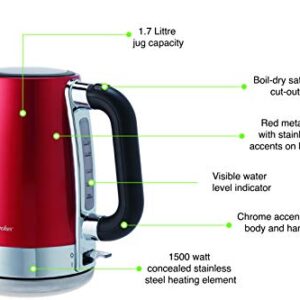 Betty Crocker BC-3711CMR 1.7L 1.7-Liter Cordless Jug Kettle, One Size, Red