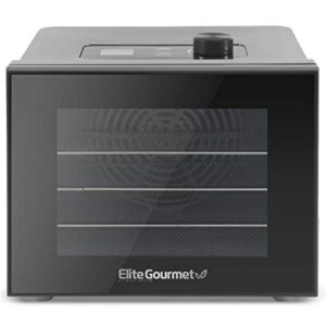 Elite Gourmet Food Dehydrator, Stainless Steel Trays Food Dehydrator, Adjustable Temperature Controls, Jerky Herbs Fruit Veggies Snacks, Black, 4 Trays (EFD308#)