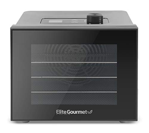 Elite Gourmet Food Dehydrator, Stainless Steel Trays Food Dehydrator, Adjustable Temperature Controls, Jerky Herbs Fruit Veggies Snacks, Black, 4 Trays (EFD308#)