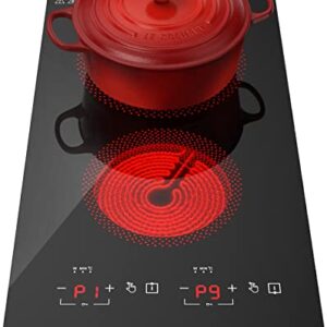 QTYANCY Electric Cooktop, 12 inch Ceramic Cooktop with LED Touch Screen, Timer & Child Lock, All Kinds of Cookwares, 110V Independent Control 20 Temperature Ranges 9 Power Levels Induction cooktop,