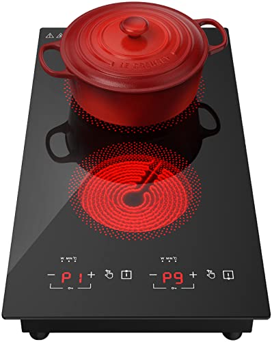 QTYANCY Electric Cooktop, 12 inch Ceramic Cooktop with LED Touch Screen, Timer & Child Lock, All Kinds of Cookwares, 110V Independent Control 20 Temperature Ranges 9 Power Levels Induction cooktop,