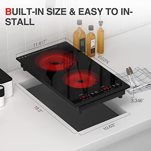 QTYANCY Electric Cooktop, 12 inch Ceramic Cooktop with LED Touch Screen, Timer & Child Lock, All Kinds of Cookwares, 110V Independent Control 20 Temperature Ranges 9 Power Levels Induction cooktop,