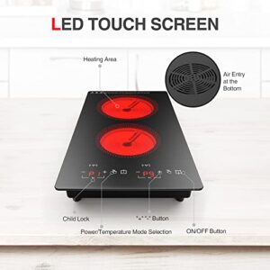 QTYANCY Electric Cooktop, 12 inch Ceramic Cooktop with LED Touch Screen, Timer & Child Lock, All Kinds of Cookwares, 110V Independent Control 20 Temperature Ranges 9 Power Levels Induction cooktop,