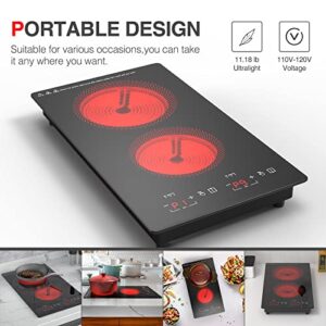 QTYANCY Electric Cooktop, 12 inch Ceramic Cooktop with LED Touch Screen, Timer & Child Lock, All Kinds of Cookwares, 110V Independent Control 20 Temperature Ranges 9 Power Levels Induction cooktop,