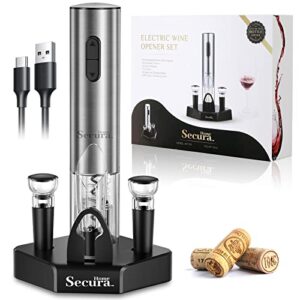 secura home electric wine opener set, type c cordless rechargeable corkscrew wine bottle opener with storage base, wine aerator, 2 vacuum wine stoppers, foil cutter for wine lover gift kit