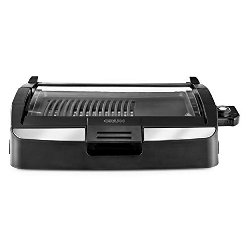 Crux Smokeless Indoor BBQ Grill with Viewing Window, Faster Preheat, Large PFOA-Free Non-Stick Grilling Surface for Healthy Family Sized Meals, Dishwasher Safe Parts, Black, compact (17168)