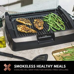 Crux Smokeless Indoor BBQ Grill with Viewing Window, Faster Preheat, Large PFOA-Free Non-Stick Grilling Surface for Healthy Family Sized Meals, Dishwasher Safe Parts, Black, compact (17168)