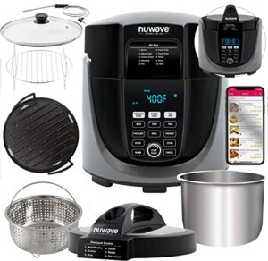 nuwave duet pressure cooker, air fryer & grill combo cooker with removable pressure and air fry lids, 6qt stainless steel pot, 4qt non-stick air fryer basket, built-in sure-lock safety technology