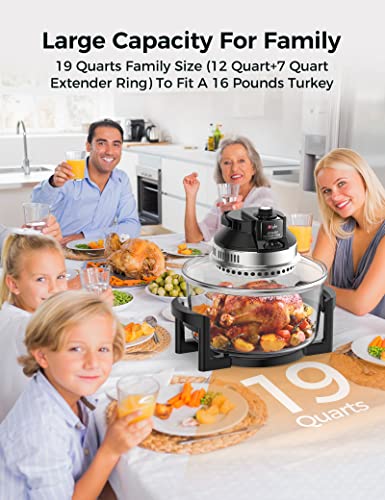 Oil-Free Air Fryer Oven, 12-19QT Air Fryer Toaster Oven, Right Large Infrared Halogen Convection Oven with Recipes, Nonstick and Dishwasher-Safe Glass Container (Black)