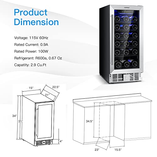 COSTWAY 15 Inch Wine Cooler Refrigerator, 30 Bottles Stainless Steel Wine Cellar with Lock, Tempered Glass Door, Digital Temperature Control, Built-in & Freestanding Compressor Mini Wine Fridge for Home Bar Office