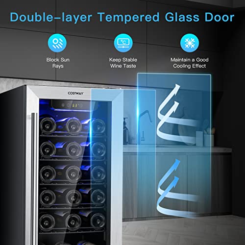 COSTWAY 15 Inch Wine Cooler Refrigerator, 30 Bottles Stainless Steel Wine Cellar with Lock, Tempered Glass Door, Digital Temperature Control, Built-in & Freestanding Compressor Mini Wine Fridge for Home Bar Office