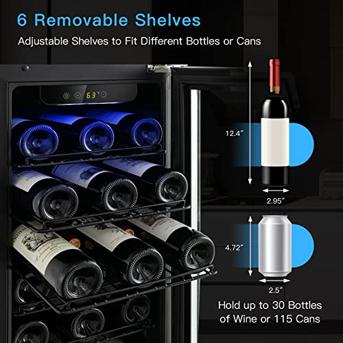 COSTWAY 15 Inch Wine Cooler Refrigerator, 30 Bottles Stainless Steel Wine Cellar with Lock, Tempered Glass Door, Digital Temperature Control, Built-in & Freestanding Compressor Mini Wine Fridge for Home Bar Office