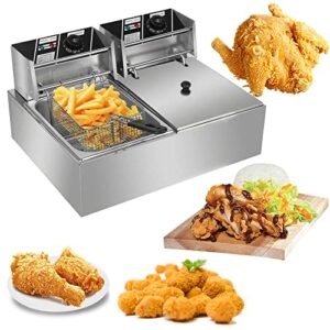 pmsw electric deep fryer, stainless steel professional commercial frying machine chicken chips french fryer with basket &lid for commercial restaurant countertop family food cooking (12l)