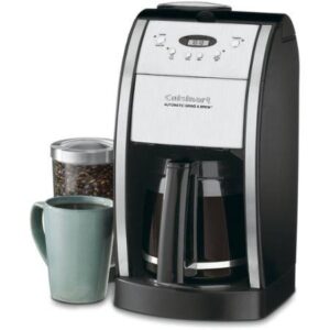 cuisinart grind & brew 12-cup automatic coffeemaker, features built in grinder, 12 cup carafe with ergonomic handle, dripless spout and knuckle guard, with pause n brew option, 24 hour fully programmable and gold tone/charcoal filter included