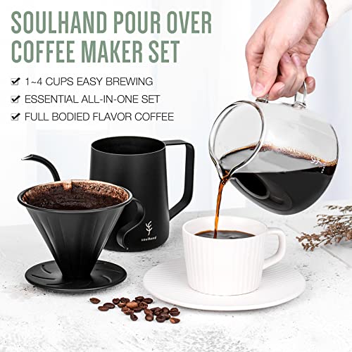 Soulhand Pour Over Coffee Maker Set | 1~4 Cups Coffee Pour Over Set | Includes Stainless Steel Coffee Dripper, 17oz/500ml Gooseneck Kettle, Heat-resistant Carafe & 50pcs Filter Paper