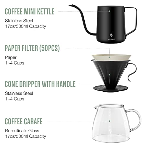 Soulhand Pour Over Coffee Maker Set | 1~4 Cups Coffee Pour Over Set | Includes Stainless Steel Coffee Dripper, 17oz/500ml Gooseneck Kettle, Heat-resistant Carafe & 50pcs Filter Paper