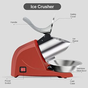 Three Blades Snow Cone Maker Ice Shaver 380W 220lbs/hr Prevent Splash Electric Stainless Steel Shaved Ice Machine Home and Commercial Ice Crushers (red)