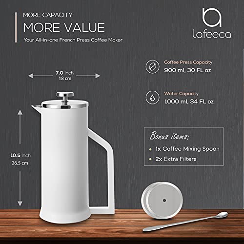 LAFEECA French Press Coffee Maker - Stainless Steel Double Wall Vacuum Insulated - Large Thermal Brewer 34 oz 1000 ml White