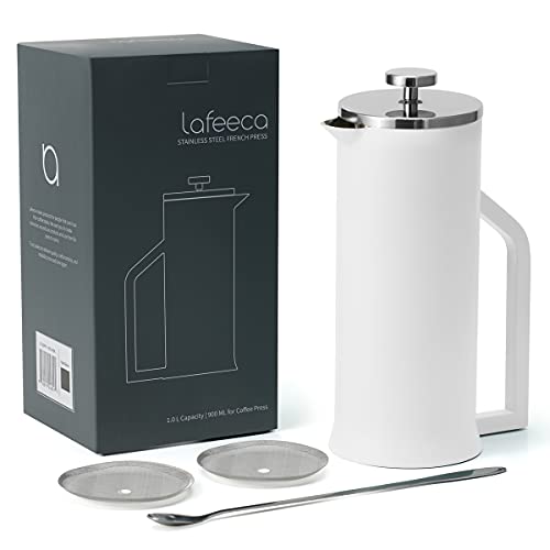 LAFEECA French Press Coffee Maker - Stainless Steel Double Wall Vacuum Insulated - Large Thermal Brewer 34 oz 1000 ml White