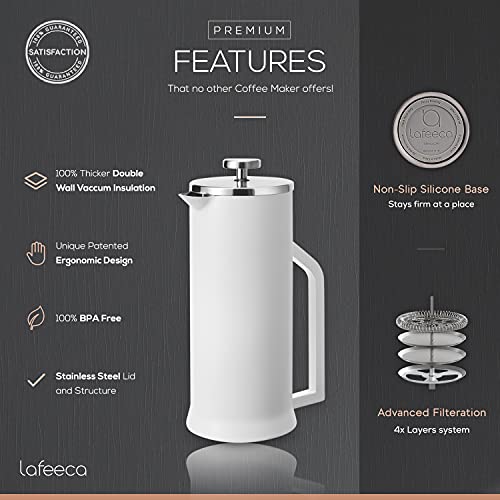 LAFEECA French Press Coffee Maker - Stainless Steel Double Wall Vacuum Insulated - Large Thermal Brewer 34 oz 1000 ml White