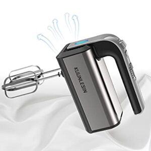 KUUNLESIN 5-Speed Electric Hand Mixer, With Turbo Button, Easy Eject Button, 300W(1500W Max), Stainless Steel Lightweight Hand Mixer With Storage Rack+Beaters and Dough hooks,Cake Mixer, Baking Mixer, Dough Mixer,For Easy Whipping Dough, Cream , Cake.