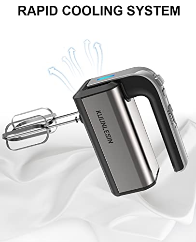 KUUNLESIN 5-Speed Electric Hand Mixer, With Turbo Button, Easy Eject Button, 300W(1500W Max), Stainless Steel Lightweight Hand Mixer With Storage Rack+Beaters and Dough hooks,Cake Mixer, Baking Mixer, Dough Mixer,For Easy Whipping Dough, Cream , Cake.