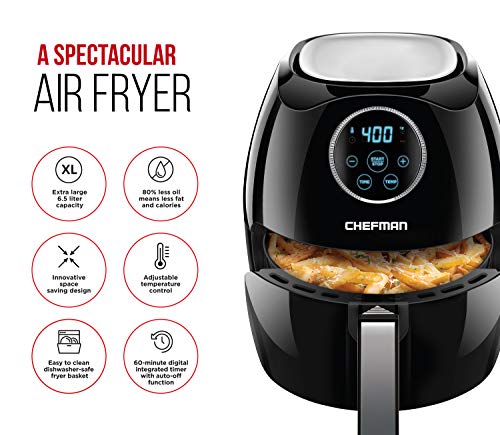 CHEFMAN Large Air Fryer 6.5 Qt XL, Healthy Cooking, User Friendly, Nonstick, Digital Touch Screen with 4 Cooking Functions w/ 60 Minute Timer & Auto Shut Off, BPA-Free, Dishwasher Safe Basket, Black