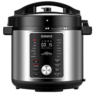 galanz 12-in-1 electric pressure cooker & air fryer with 12 preset programs including slow cook, airfry, dehydrate, rice, grill, roast, steam, beans, stew, warm, 6 qt, 1000w/1500w, stainless steel