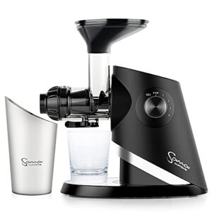 sana 727 supreme low-speed masticating juicer, 4 speeds: 40 rpm to 120 rpm, 15-year warranty, brushless dc motor, fruit, vegetables and leafy greens juicer, 132 page recipe book, black