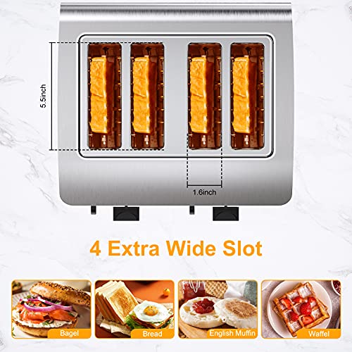 Toaster 4 Slice, Stainless Steel Toasters with Bagel, Cancel and Defrost Function, Dual Control, 1.6 inch Extra-wide Slot, 7 Toasting Levels Toaster with Removable Crumb Trays & Warming Rack 1500W TA1