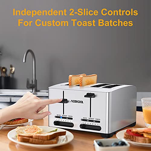 Toaster 4 Slice, Stainless Steel Toasters with Bagel, Cancel and Defrost Function, Dual Control, 1.6 inch Extra-wide Slot, 7 Toasting Levels Toaster with Removable Crumb Trays & Warming Rack 1500W TA1