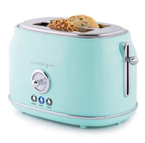 nostalgia classic 2-slice wide slot toaster, retro vintage design with six toasting settings & removable crumb tray, aqua