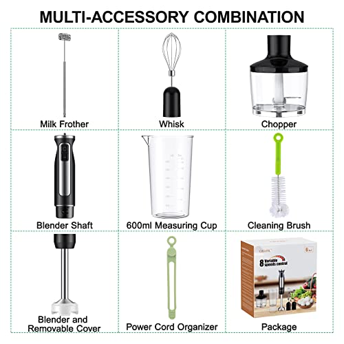 6 in 1 Immersion Handheld Blender, 304 Stainless Steel Hand Blender Electric with Food Grade Silicone Removable Cover, Hand Blender, Immersion Blender Cup, Chopper, Whisk and Milk Frother for Baby Food, Milkshake, Cream