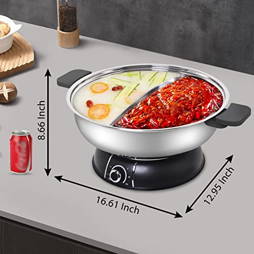 Austric Electric Shabu Shabu Hot Pot, 304 Stainless Steel Hot Pot with Divider Electric pot with Tempered Glass Lid for Party, Family Gathering,5L large capacity（Silver） (Shabu Lift Timer)