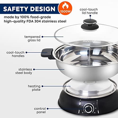 Austric Electric Shabu Shabu Hot Pot, 304 Stainless Steel Hot Pot with Divider Electric pot with Tempered Glass Lid for Party, Family Gathering,5L large capacity（Silver） (Shabu Lift Timer)