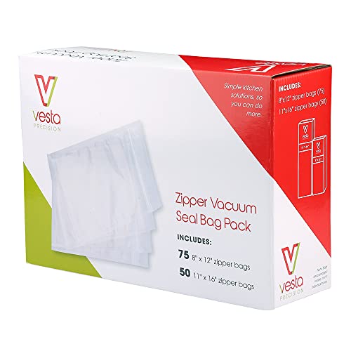 Vesta Precision Zipper Vacuum Seal Bags Pack | Clear and Embossed | 75 Quart (8x12 inch) and 50 Gallon (11x16 inch) Vacuum Bags | Great for Food Storage and Sous Vide