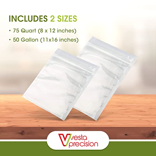 Vesta Precision Zipper Vacuum Seal Bags Pack | Clear and Embossed | 75 Quart (8x12 inch) and 50 Gallon (11x16 inch) Vacuum Bags | Great for Food Storage and Sous Vide