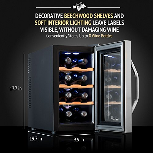 Ivation 8 Bottle Thermoelectric Wine Cooler/Chiller - Stainless Steel - Counter Top Red & White Wine Cellar w/Digital Temperature, Freestanding Refrigerator Smoked Glass Door Quiet Operation Fridge