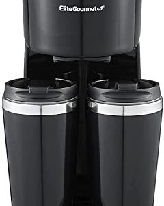 Elite Gourmet EHC116 Dual Drip Double Coffee Maker Brewer Includes Two 14 Oz Stainless Steel Interior Thermal Travel Mugs, Compatible with Coffee Grounds, Reusable Filter, Black, 28 ounce