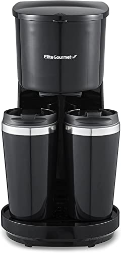 Elite Gourmet EHC116 Dual Drip Double Coffee Maker Brewer Includes Two 14 Oz Stainless Steel Interior Thermal Travel Mugs, Compatible with Coffee Grounds, Reusable Filter, Black, 28 ounce