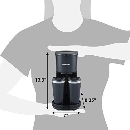 Elite Gourmet EHC116 Dual Drip Double Coffee Maker Brewer Includes Two 14 Oz Stainless Steel Interior Thermal Travel Mugs, Compatible with Coffee Grounds, Reusable Filter, Black, 28 ounce