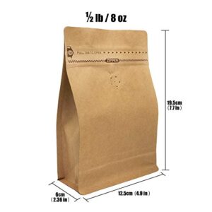 Natural Kraft Coffee Pouches, Resealable Coffee Bag with valve, Flat Bottom Pull Tab Zipper (50pcs / 8oz, 0.5lb, 227gram)